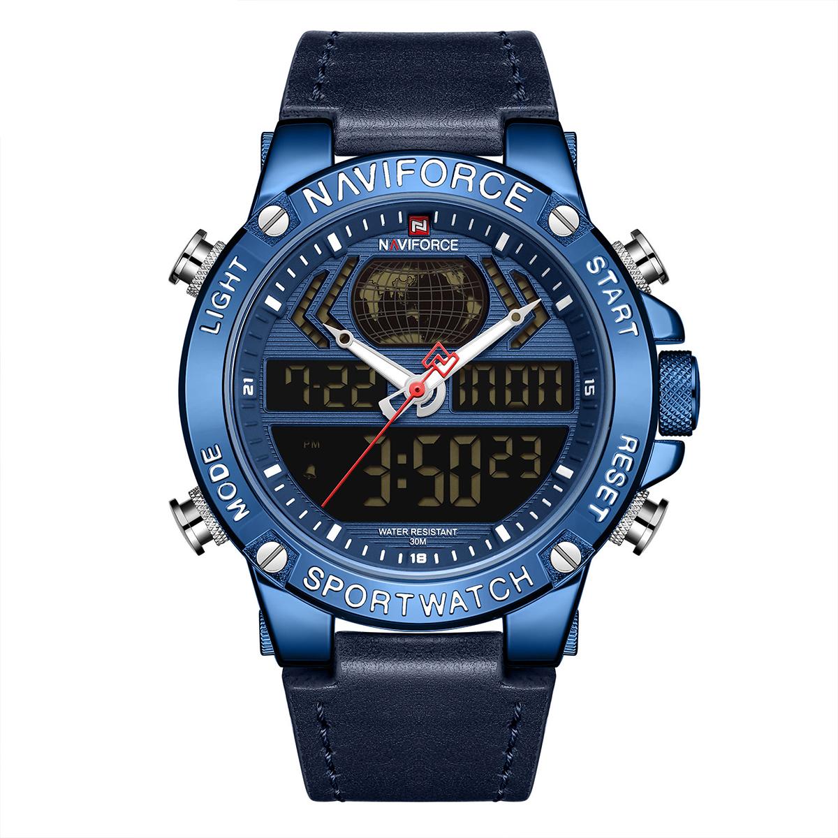 NAVIFORCE NF9164 Navy Blue PU Leather Dual Time Wrist Watch For Men ...